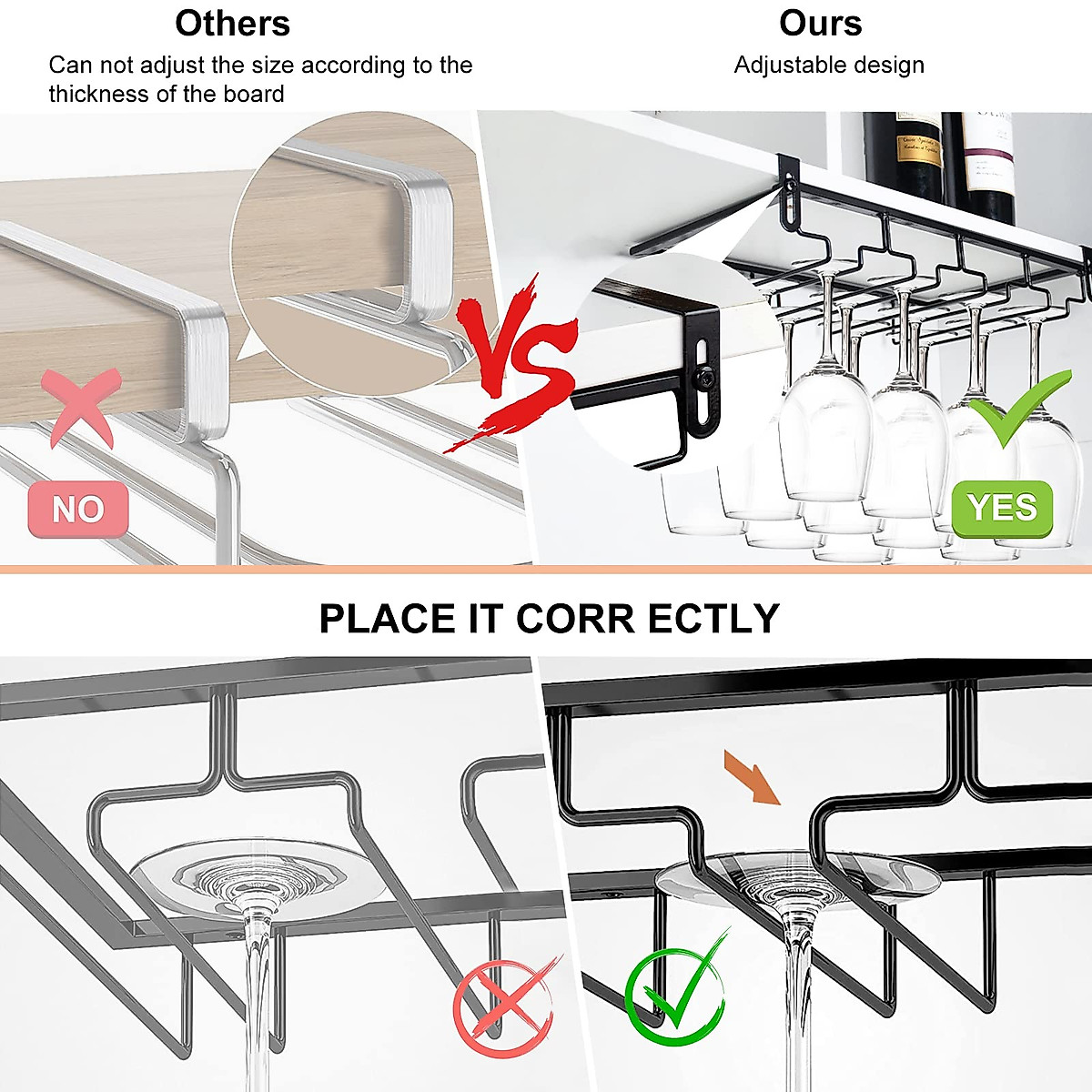2Pcs Adjustable Wine Glass Rack Under Cabinet, Punch-Free 4 Rows Stemware Wine Glass Metal Holder, Hanging Wine Glasses Storage Hanger Organizer for Shelf Kitchen Bar Decor(4 Rows, Black)
