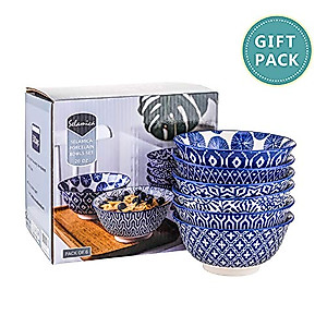 Selamica Blue and White Porcelain 20oz Cereal Bowl Set - Set of 6, 6 inch Soup Bowls, Ceramic bowls for Cereal, Soup, Salad and Pasta, Vintage Blue, Gift Pack