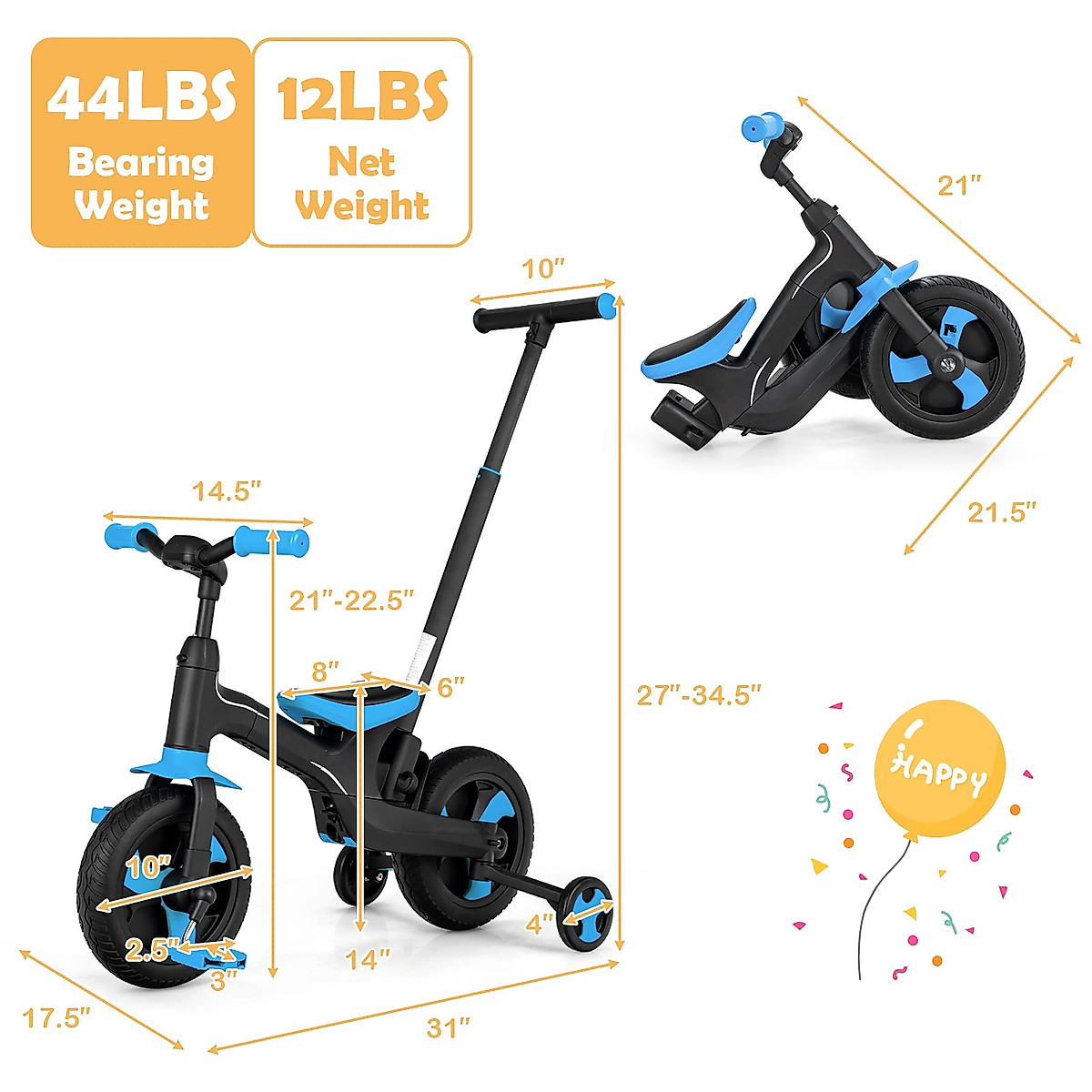 BABY JOY 5 in 1 Toddler Tricycle, Folding Kids Trike Baby Balance Bike w/Adjustable Steering Push Handle, Removable Pedals & Detachable Auxiliary Wheels, Ride-on Toy for 18-60 Months Boys Girls, Blue