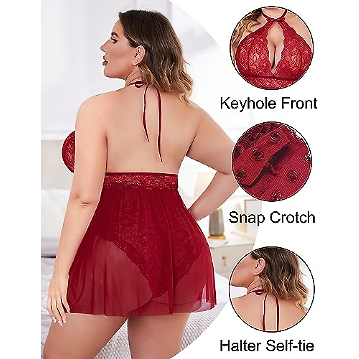 Avidlove Plus Size Lingerie for Valentines Women Lace Babydoll Chemise Nightgown Mesh Nightwear Side Slit Nightie L~4XL (Wine Red, XXX-Large)
