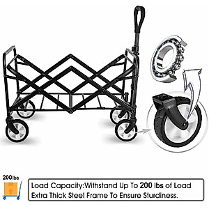 Collapsible Folding Outdoor Utility Wagon, Beach Wagon Cart with All Terrain Wheels & Drink Holders, Portable Sports Wagon for Camping, Shopping, Garden and Beach (Black/1 Year Warrant)