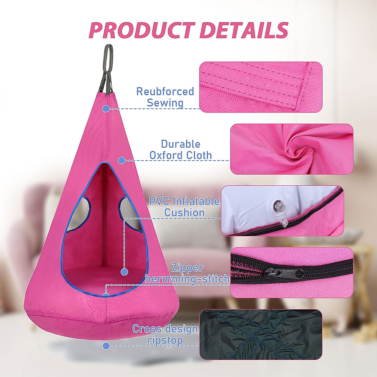 Kids Nest Swing Chair, Hanging Hammock Chair Nest Hammock Swing Chair with Pocket for Outdoor and Indoor(43.5" D x 52" H)