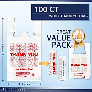YoYoRain White Thank you T shirt bag, Grocery shopping bag Reusable and Disposable Supermarket Bag 11''x6''x21'' 100PCS