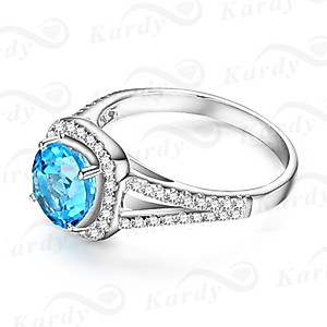 Kardy Natural Blue Topaz Gemstone Real Diamond Solid 14K White Gold for Women Lady Wedding Engagement Ring Set