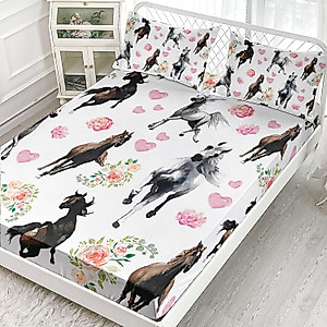 Smell Sunshine Horses Sheets Set 4Pcs for Kids,Horses Flowers Printed Sheet Set with 1 Flat Sheet and 1 Fitted Sheet + 2 Pillowcases(Horses Flowers Full)