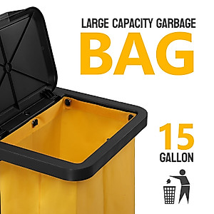 TUFFIOM Commercial Traditional Cleaning 3-Shelf Janitorial Cart, 500 Lbs Capacity Housekeeping Cart, Wheeled with Yellow VinylBag and Cover w Lid, Black