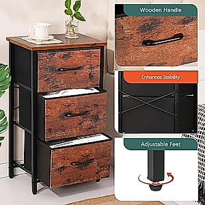 Yoobure Nightstand with 3 Fabric Drawers, Dresser for Bedroom Storage Drawer Tower, Small End Table Bedside Furniture Dressers & Chests Organizer Unit Closet Hallway Entryway Office, Berry Brown