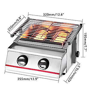 LPG Gas BBQ Grill, 2800Pa Commercial LPG Gas Stove Outdoor BBQ Tabletop Cooker, Stainless Steel Outdoor Grill Multi-Function Barbecue Camping Party Picnic Cookware Sliver(2 Burners)