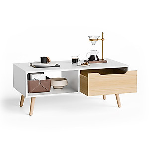 Cozy Castle Modern Coffee Table, Wooden Cocktail Table with Storage, Minimalist Hallway Table, Mid Century Modern Coffee Table for Living Room Apartment Reception, White