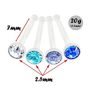 bodyjewellery 4pcs 20g 0.8mm straight nose rings Flexible Acrylic Nostril Screw Rings Piercing Studs 2.5mm Crystal BOAV - CR LSP SP AQ