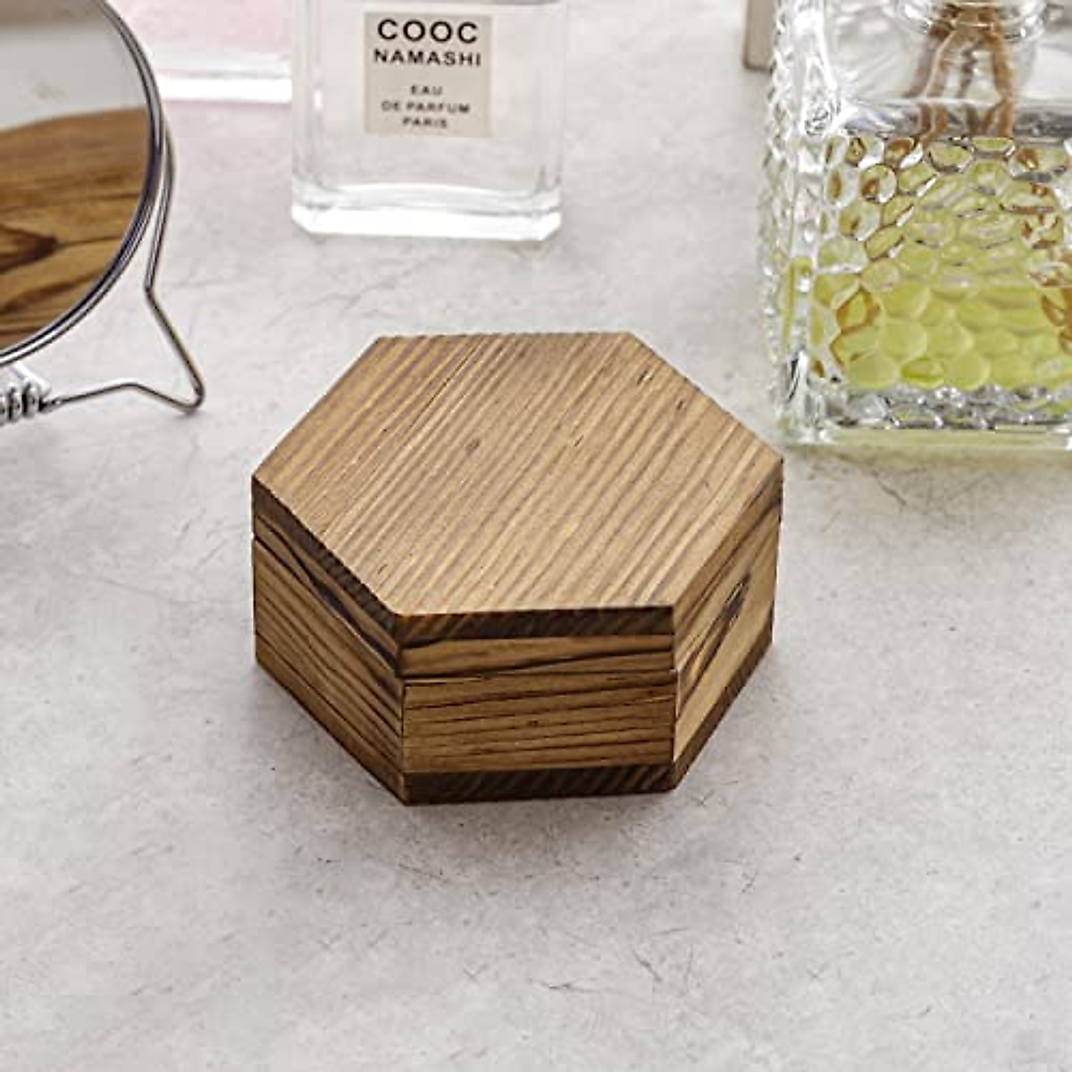 MyGift 3 Inch Brown Solid Wood Wedding Ring Box, Hexagon Shape Trinket Box and Ring Holder, Small Jewelry Gift Box