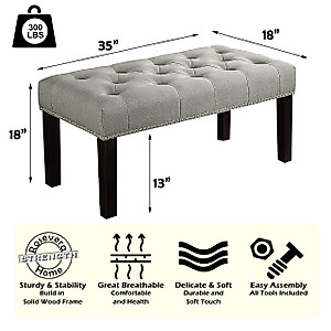 Rosevera Almaraz Linen Upholstered Bench with Silver Nailhead and Button Tufting for Bedroom and Living Room, Small, Gray