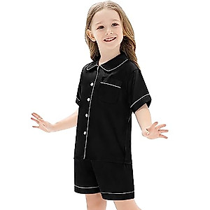 SWOMOG Kids Satin Pajama Set Size 6-7 Girls Boys Button Down Sleepwear Silk Pjs Set Short Sleeve 2 Pcs Summer Outfits Shorts Set Black