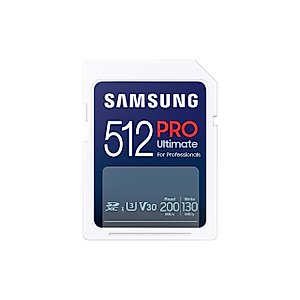 SAMSUNG PRO Ultimate Full Size 512GB SDXC Memory Card, Up to 200 MB/s, 4K UHD, UHS-I, C10, U3, V30, A2, for DSLR, Mirrorless Cameras, PCs, MB-SY512S/AM
