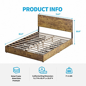 Mjkone California King Size Bed Frame with Storage, Rustic Cal King Size Platform Bed with Headboard, Platform Bed Frame with 4 Drawers, Wood Slat Support, No Box Spring Needed, Easy Assembly