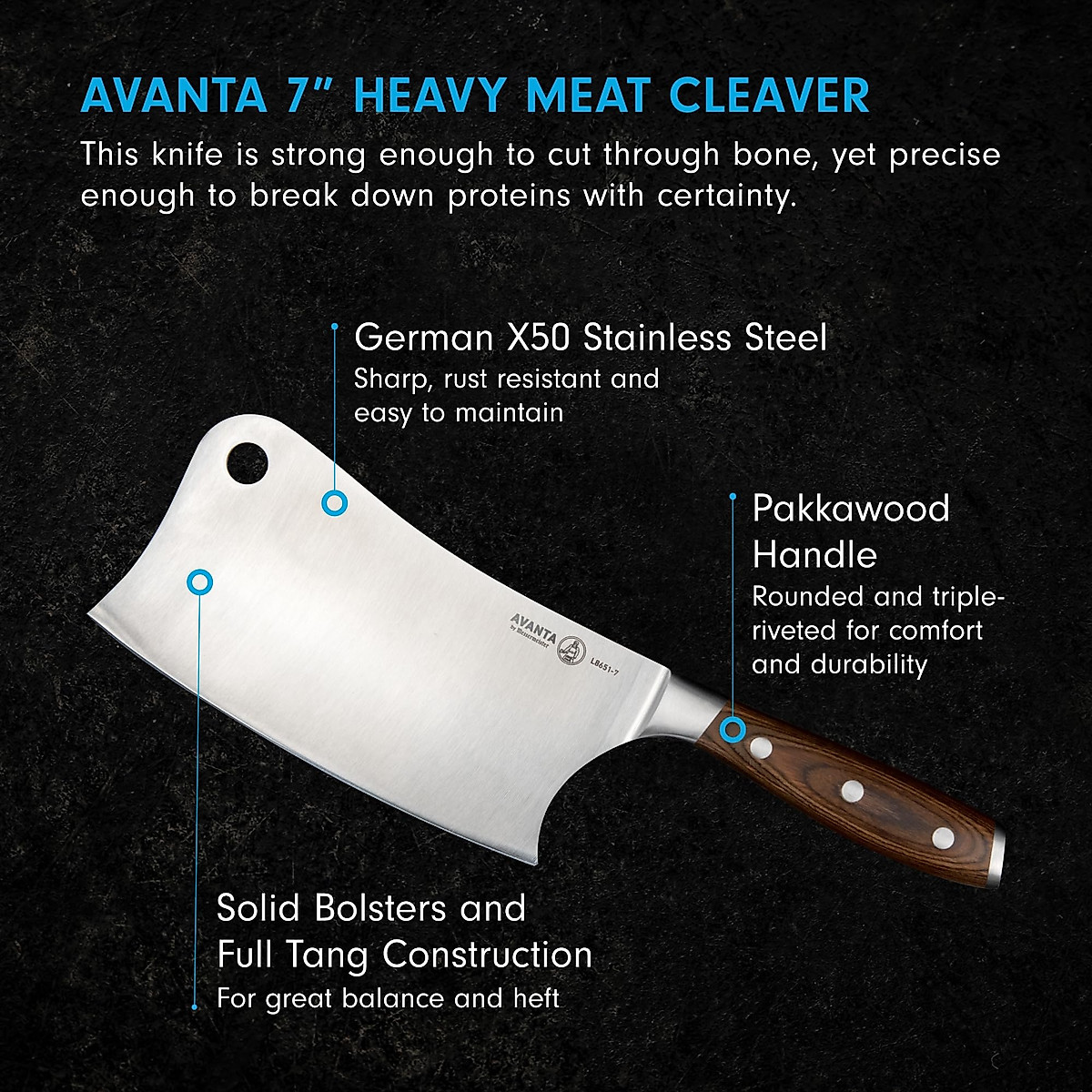 Messermeister Avanta 7” Heavy Meat Cleaver - German X50 Stainless Steel - Rust Resistant & Easy to Maintain