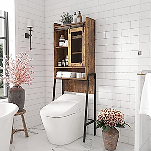 Walmokid Bathroom Storage Cabinet Over Toilet w/Adjustable Shelf & Sliding Door, 5-Tier Over The Toilet Storage Rack Anti-tilt Bathroom Organizer Over Toilet,Rustic Brown