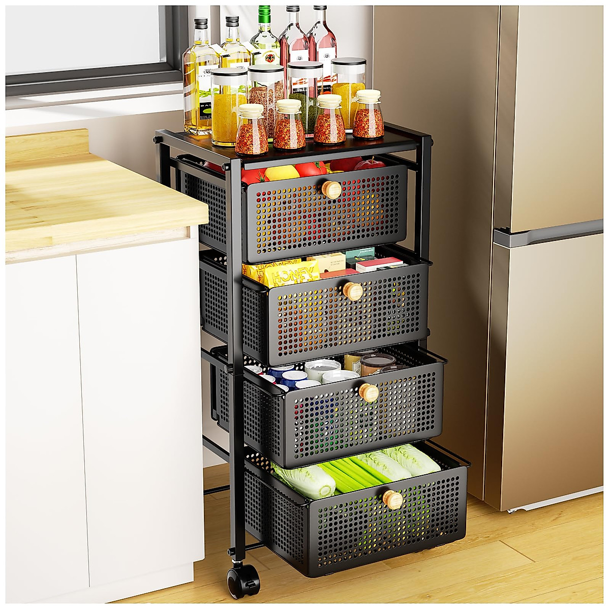 5 Tier Kitchen Rolling Cart with Drawers, Multipurpose Utility Cart, Storage Carts for Kitchen, Rolling Organization Carts with Lockable Wheels & Mesh Basket, Black