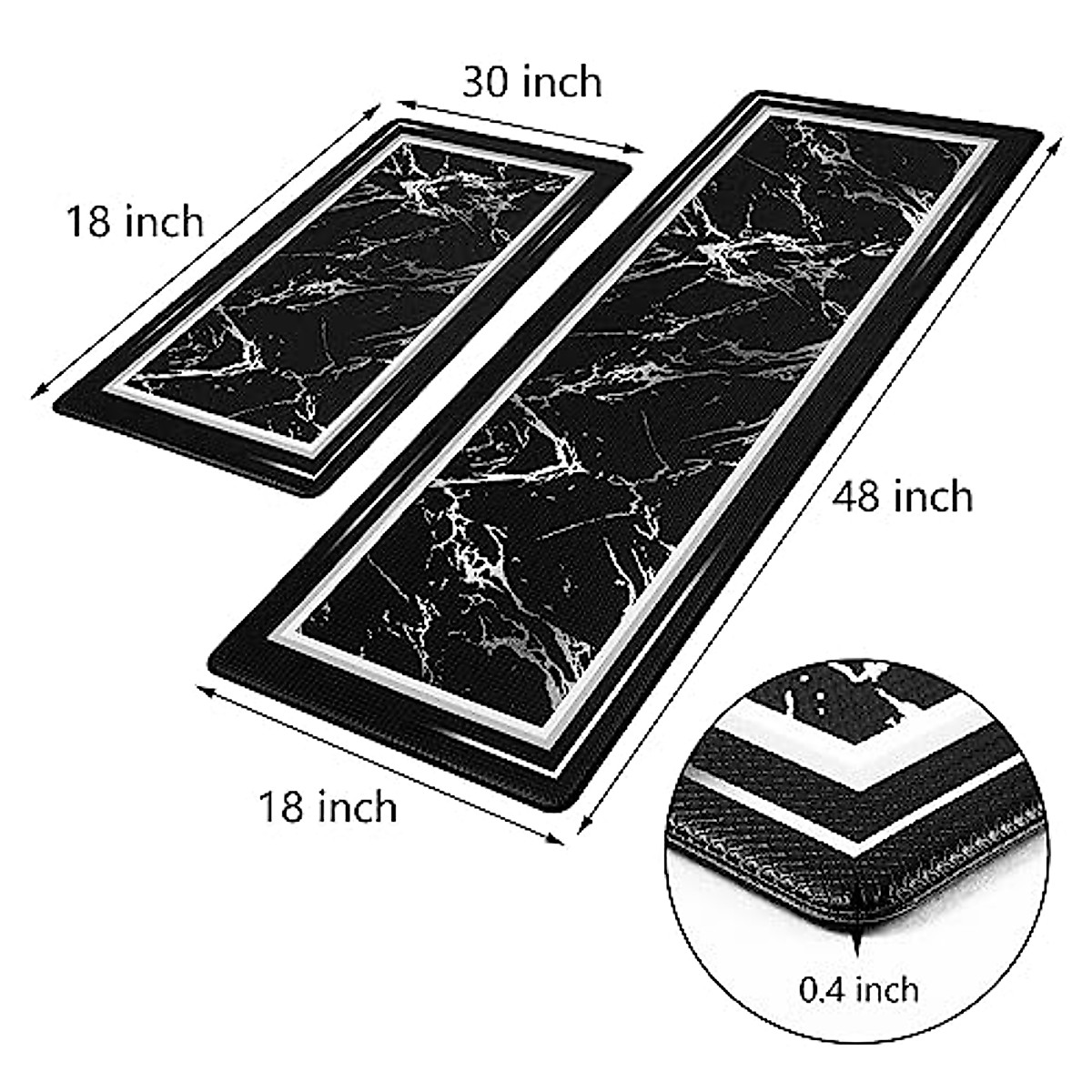 ASPMIZ 2 PCS Kitchen Rugs Non Slip, Black Marble Kitchen Mats Cushioned Anti Fatigue, Comfort Standing Mat for Kitchen Floor, Marble Kitchen Rugs Sets of 2 Washable, 18'' x 48'' + 18'' x 30''