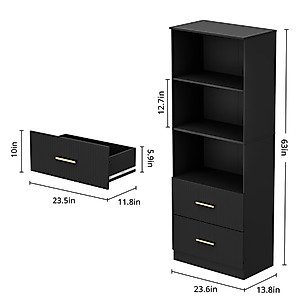 Housoul Black Bookshelf with Drawers, 63" Tall Bookshelf with Storage, 3 Shelf Bookcase with Adjustable Shelf, 3 Tier Modern Bookshelf, Open Shelves Bookcase, Unique Bookshelf for Bedroom & Office