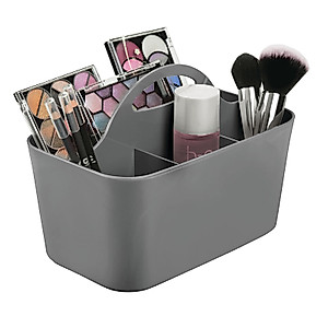 mDesign Small Plastic Shower/Bath Storage Organizer Caddy Tote with Handle for Dorm, Shelf, Cabinet - Hold Soap, Shampoo, Conditioner, Combs, Brushes, Lumiere Collection, Dark Gray