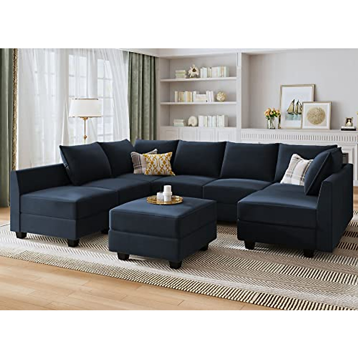 HONBAY Convertible Sectional Sofa Modular Couch with Reversible Chaise Velvet U Shaped Couch Sleeper Sectional Sofa Set with Storage Ottoman, Dark Blue