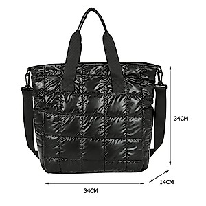 Large Quilted Tote Bag with Zip for Women Lightweight Winter Down Cotton Padded Plaid Shoulder Bags Quilted Bags Down Padding Handbags