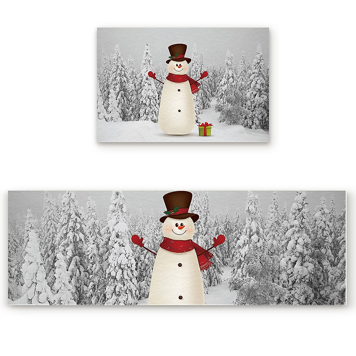 Queener Home Winter Christmas Tree and Snowman Kitchen Rugs and Mats Set of 2, Washable Floor Doormat Comfort Area Runner Rug Non-Slip Rubber Backing for Indoor Cartoon Pattern