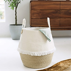 LA JOLIE MUSE Woven Blanket Basket Living Room, Decorative Nursery Laundry Hamper for Clothing Plant Toys Storage, Large Cotton Rope Basket with Jute, 16”15”12”,Off White & Jute