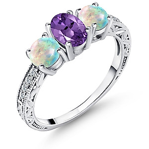 Gem Stone King 925 Sterling Silver Purple Amethyst and White Simulated Opal Women Ring (1.88 Ct Oval Gemstone Birthstone) (Size 9)