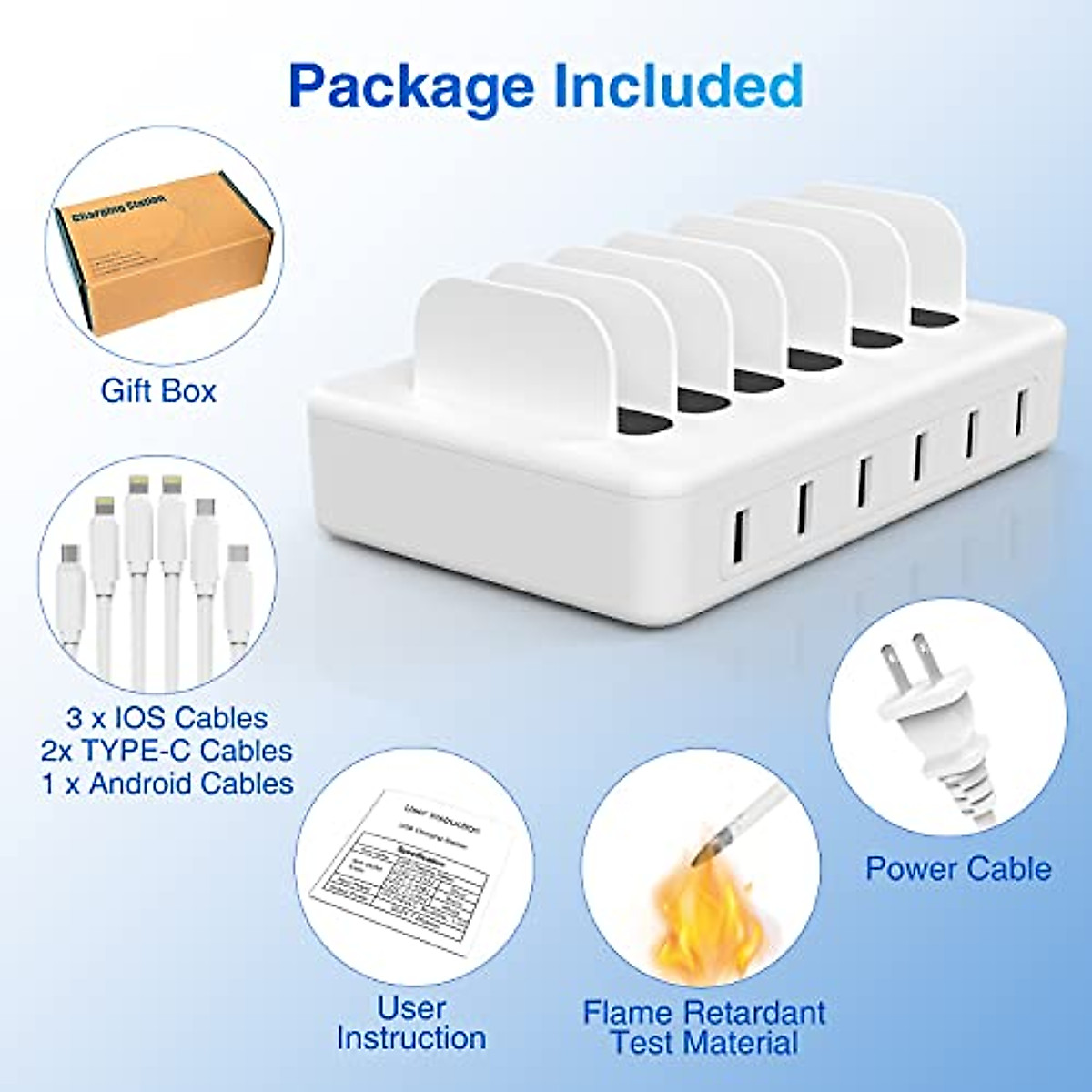 ZXSWONLY Charging Station for Multiple Devices, 50W 6 Ports USB Charging Station Organizer with 6 Cables Compatible with Cellphone, Tablet, Kindle, and Other Electronic (White)