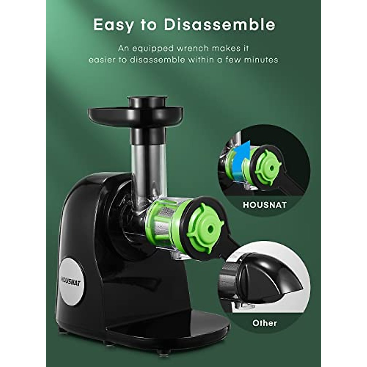 Juicer Machines, HOUSNAT Professional Celery Slow Masticating Juicer Extractor Easy to Clean, Cold Press Juicer with Quiet Motor and Reverse Function for Fruit & Vegetable, Brushes & Recipes Included, Black