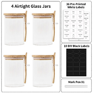 Sugar Jar Bath Salt Container – 17 oz Glass Jar with Bamboo Lid and Spoon, Sugar Cube Holder and Canister for Countertop, Glass Containers for Coffee Beans, Tea and Overnight Oats (4 Pack)
