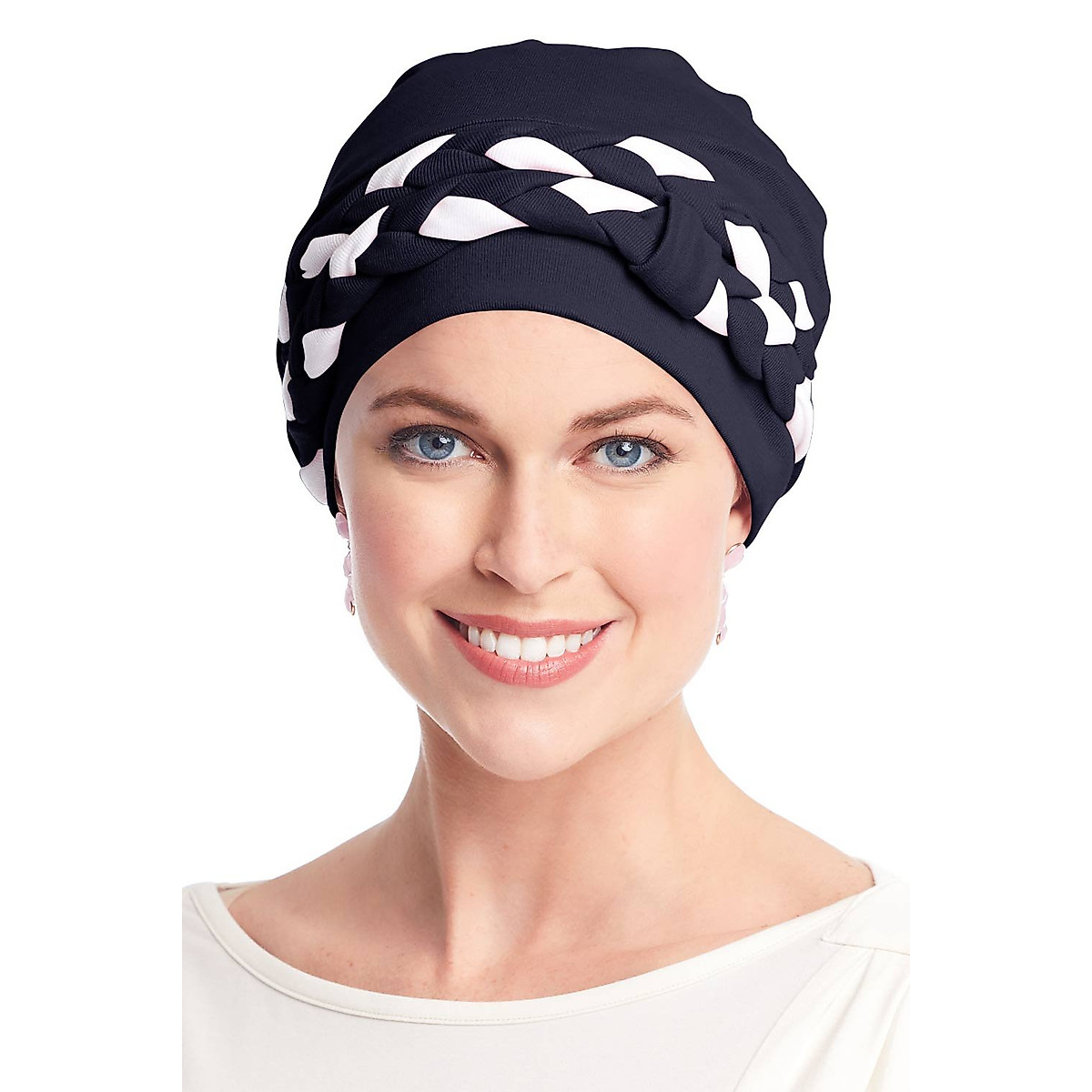 Double Braid Turban Set - All Cotton 2 pc Chemo Cancer Turbans for Women Double Braid - Navy/White