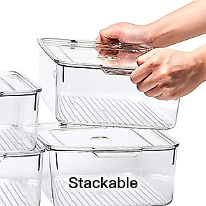EZOWare 6 Pack Stackable Clear Refrigerator Organizer Bins with Lid, Narrow Plastic Storage Box Containers Ideal for Kitchen Cabinet, Pantry Organization, Fridge, Freezer - 2 Sizes