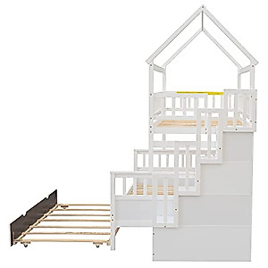 DEYOBED Twin Over Full House Shaped Wooden Bunk Bed with Trundle and Storage Staircase - Perfect for Kids and Teens, Maximizing Space and Convenience in Bedrooms
