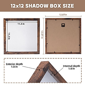 Muzilife 12x12 Shadow Box Picture Frame with Linen Board - Deep Wood & Glass Display Case to Hang Memory Box Baby Sports Memorabilia, Pins, Awards, Medals, Wedding, Tickets and Photos, Rustic Brown