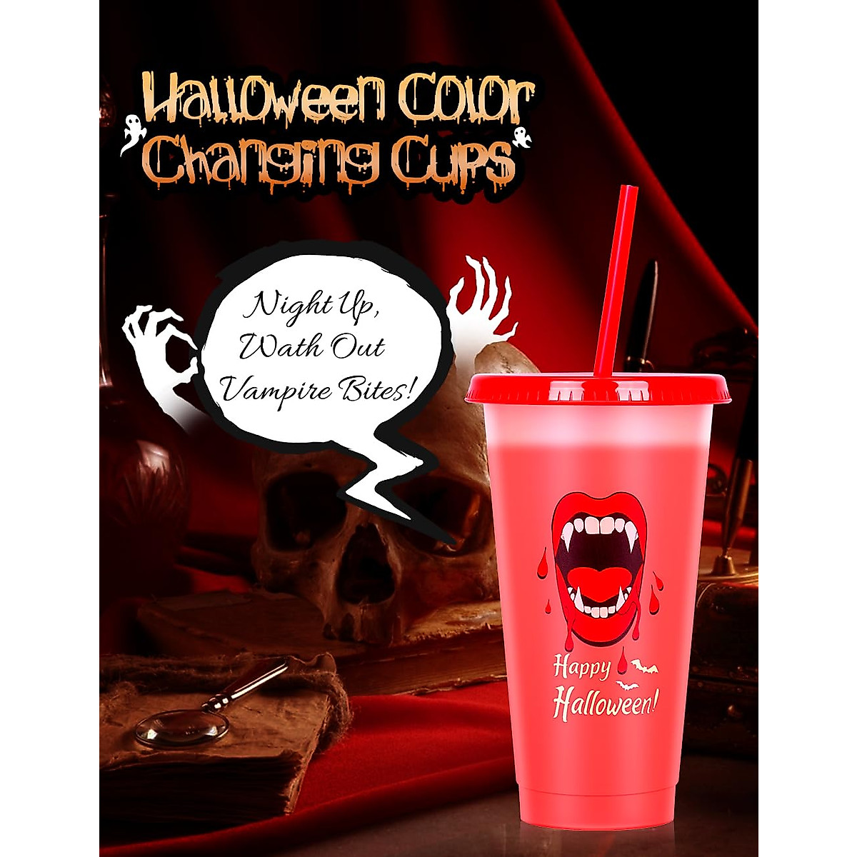Cessfle Halloween Color Changing Cups with Lids and Straws, 6 Pack 24oz Plastic Halloween Tumblers Set Halloween Bulk Party Cups, Reusable Cups with Lids and Straws for Halloween Party Favors…