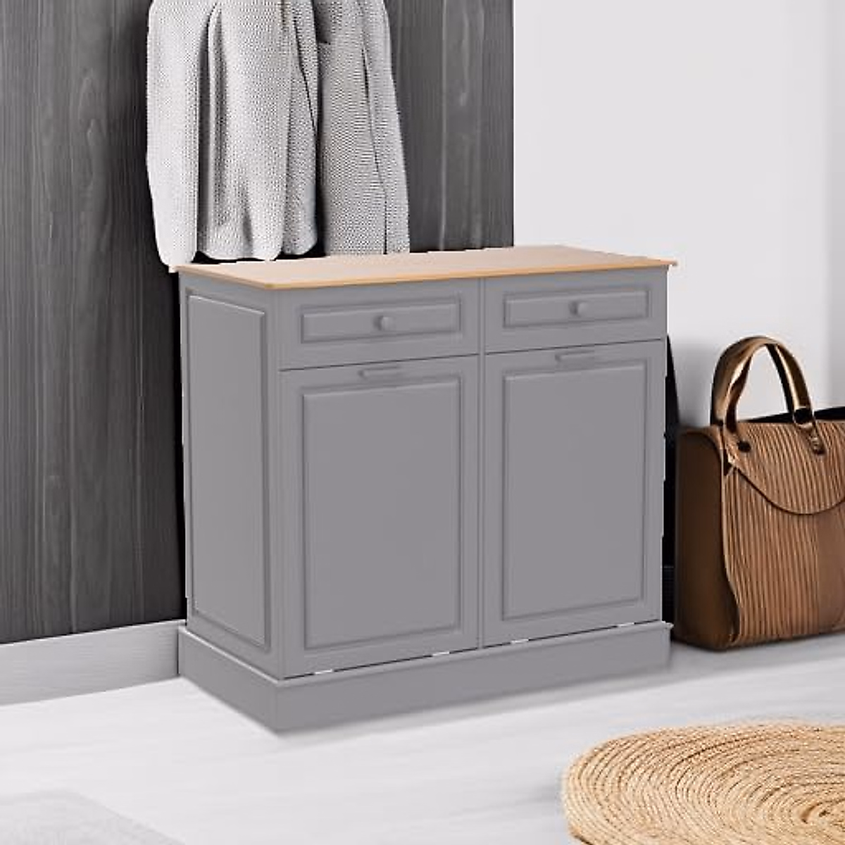 Anbuy Double Kitchen Trash Cabinets Dual Tilt Out Trash Cabinet with Two Solid Wood Hideaway Trash Holder Drawers, Free Standing Recycling Cabinet Trash Can Holder (Dual Gray)