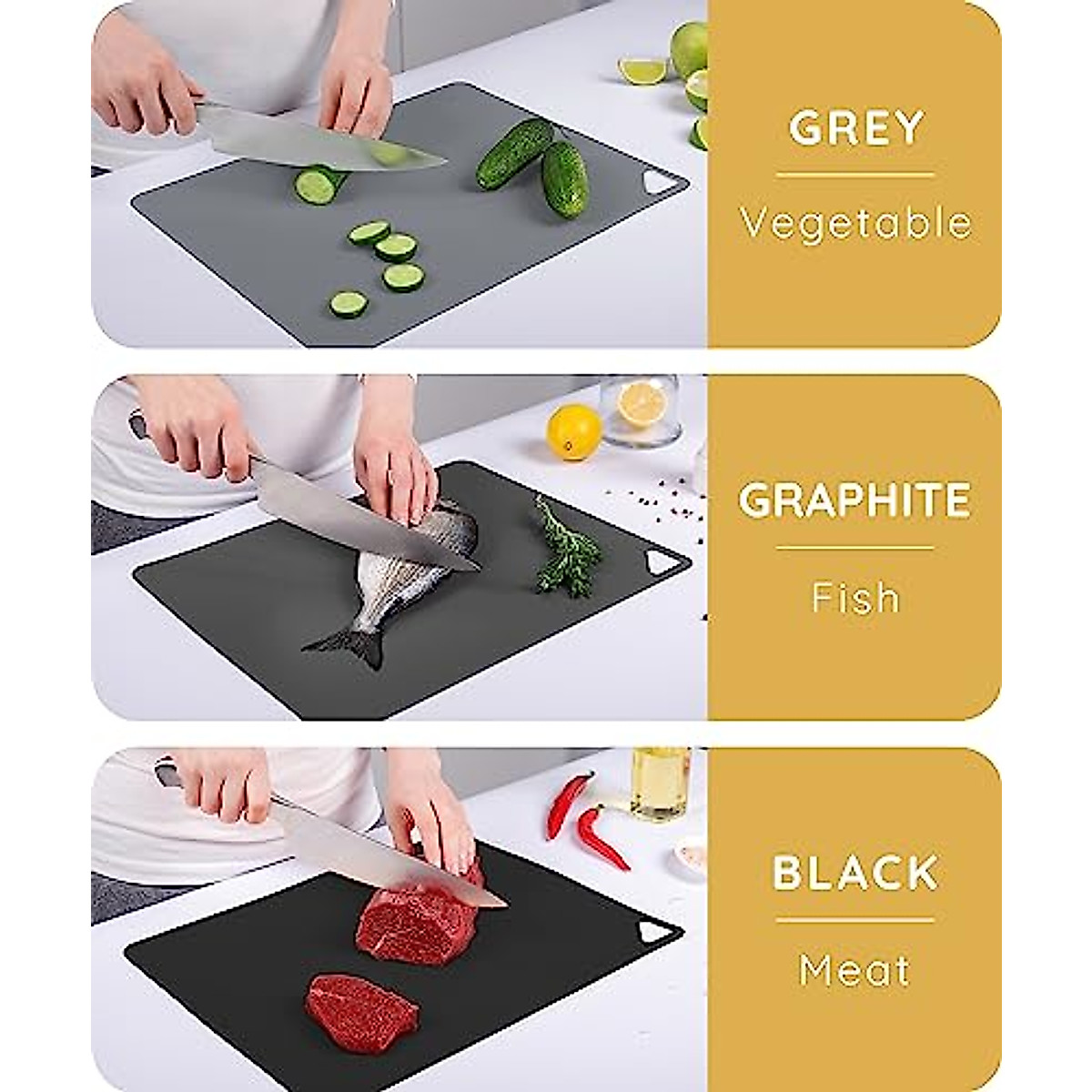 Extra Thin Flexible Cutting Boards for Kitchen - Cutting Mats for Cooking, Colored Cutting Mat Set with Easy-Grip Handles | Non Slip Cutting Sheets, Flexible Plastic Cutting Board Set of 3 (15"x12")
