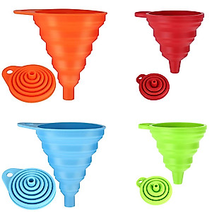 Siasky 4 Pcs Silicone Collapsible Funnel, Food Grade Foldable Kitchen Funnels for Water Bottle Liquid Powder Transfer