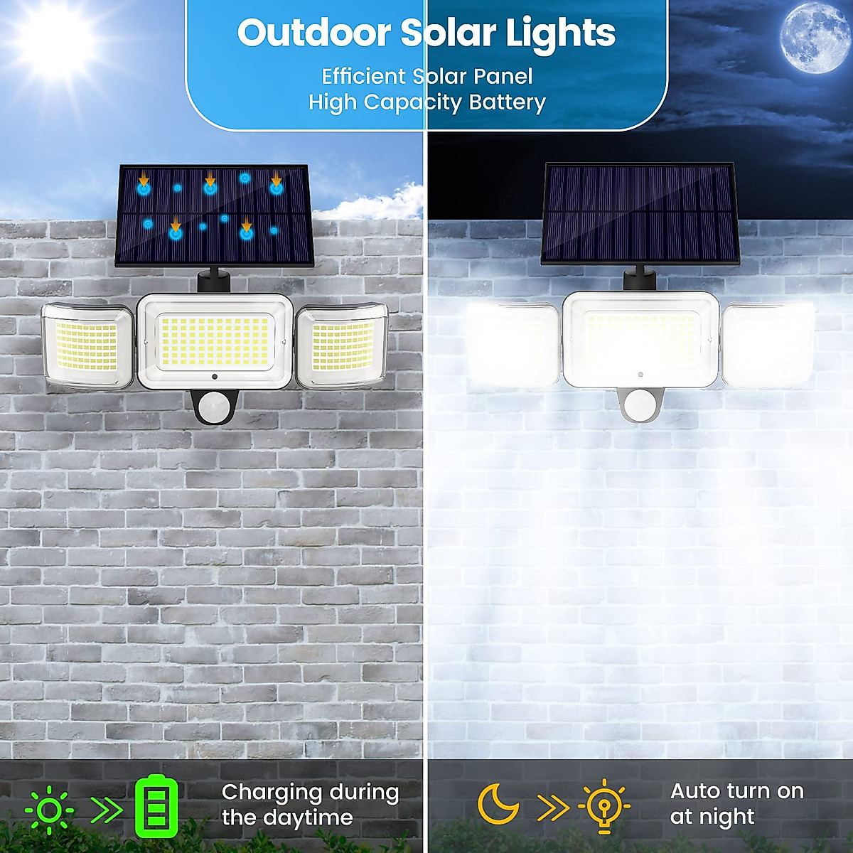 Adiding Solar Outdoor Lights, 3 Heads 3500LM LED Flood Light with 16.4 Ft Cable, 4 Modes Motion Sensor Solar Lights for Outside with Remote, Solar Powered Security Lights for Patio,Yard,Garage, 2 Pack