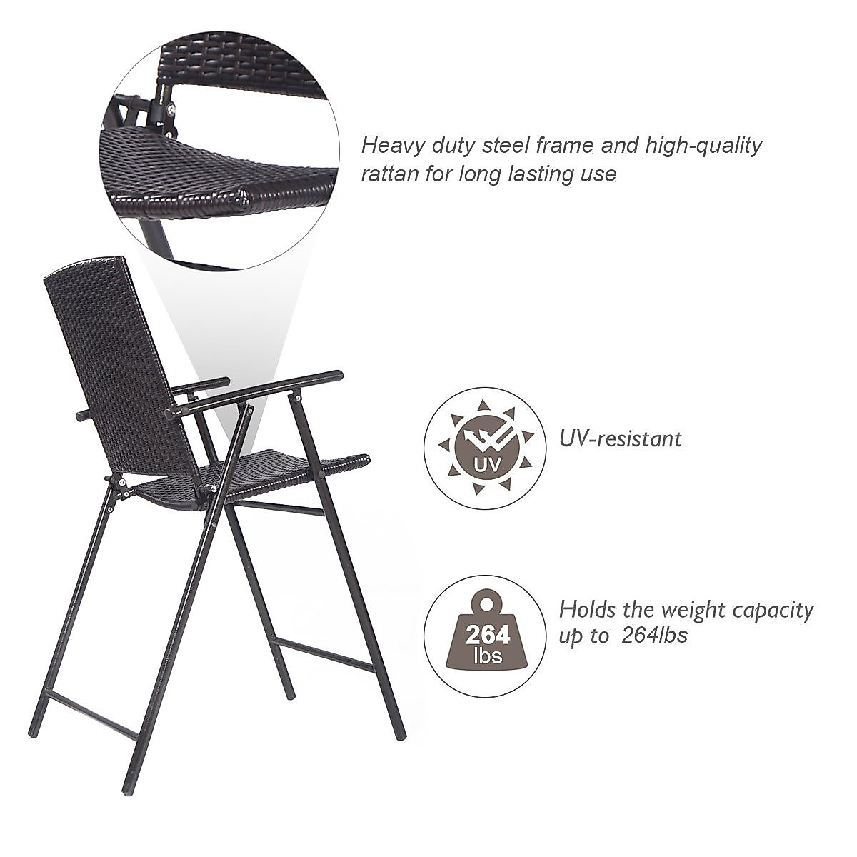 RELAX4LIFE Folding Bar Stools Set of 4 - Rattan Bar Chairs w/Back, Metal Frame, Armrests & Footrest, Indoor Outdoor Counter Height Chairs for Kitchen Backyard Garden Patio, Portable Wicker Barstools