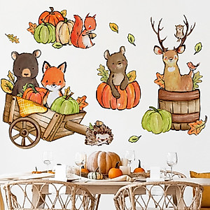 Yovkky Fall Woodland Animals Wall Decals Stickers, Autumn Pumpkin Bear Fox Deer Hedgehog Owl Neutral Nursery Toddler Decor, Thanksgiving Kids Room Home Decorations Bedroom Playroom Art