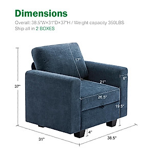 ABCASA 38.5 Oversized Accent Chair with Storage Blue Chenille, Single Modern Accent Sofa Chair with Arms for Apartment Living Room (21" Deep Seat)