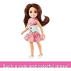 Barbie Chelsea Doll, Small Doll with Brace for Scoliosis Spine Curvature, Brunette Wearing Pink Lightning Bolt Dress