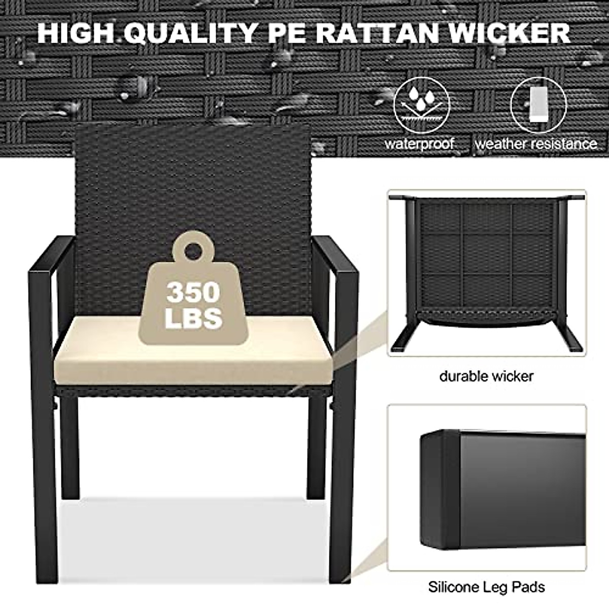 Bigzzia Patio Furniture Set, 4 Pcs Outdoor Conversation Furniture, Includes 2 Rattan Chairs and 1 Loveseat, 1 Tempered Glass Table, with Extra Cushions, Garden Furniture Set for Small Spaces