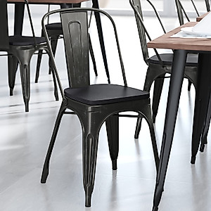 EMMA + OLIVER Perth Stacking Dining Chair - Antique Black Galvanized Steel Frame - Black Polyresin Seat - for Indoor/Outdoor Use