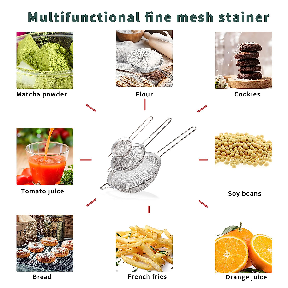 3PCS Fine Mesh Strainers Set, Little Cook Stainless Steel Colanders and Sifters with Sturdy Handle, Perfect for Sift, Strain, Drain and Rinse Vegetables, Pastas and Tea（Large + Medium + Small，3PCS)