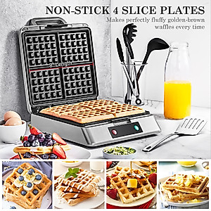 REDMOND Waffle Maker, Nonstick 4 Slice Square Waffle Iron, Compact Classic Stainless Steel Waffle Maker for Family Use Breakfast, 1300W, Silver